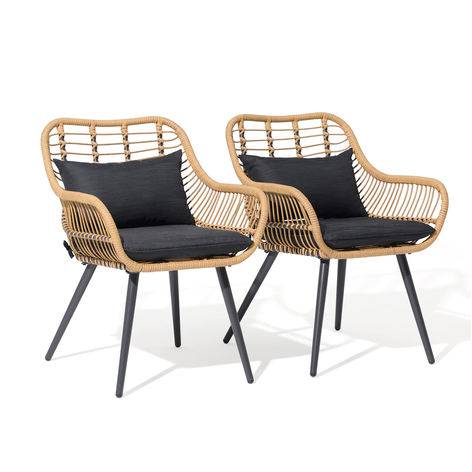 JOIVI Outdoor Patio Wicker Chairs Set of 2, Rattan Dining Chairs with Cushion and Armrest, Porch Chairs Outdoor Seating with Iron Frame, Balcony Furniture for Apartments, Lawn, Backyard, Garden, Black