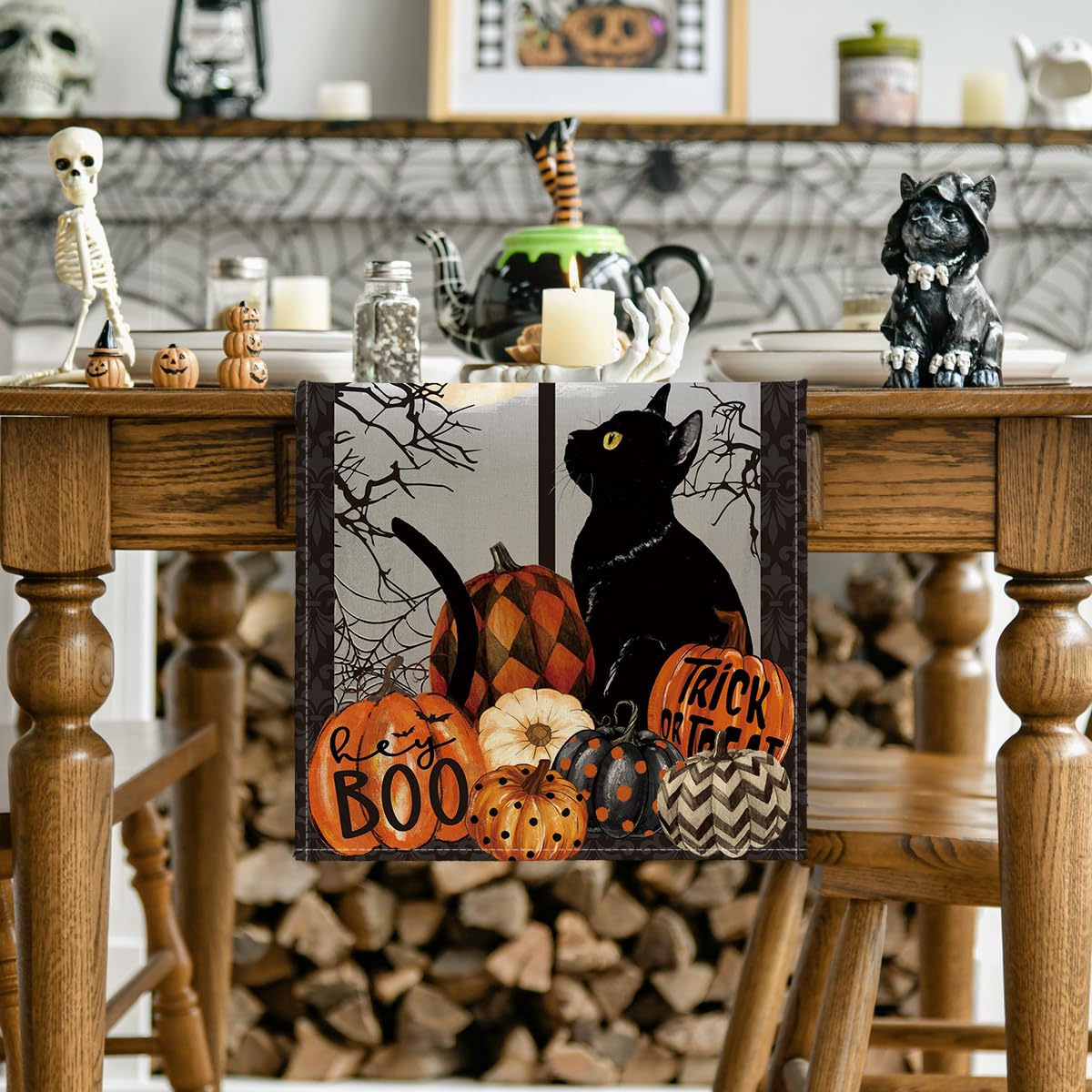 Artoid Mode Boo Black Cat Pumpkins Halloween Table Runner, Trick Or Treat Kitchen Dining Table Decoration for Home Party Decor 13 x 72 Inch