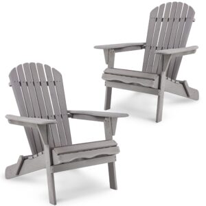 fastroby folding adirondack chair set of 2 solid wood, 300 lbs outdoor patio chairs set of 2, tall comfortable fire pit chair for garden/yard/patio/lawn, grey