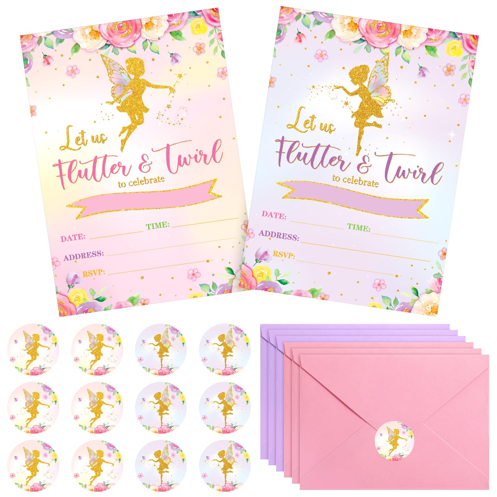 Chuangdi 24 Piece Flower Fairy Birthday Party Invitation Set with Envelope and Stickers