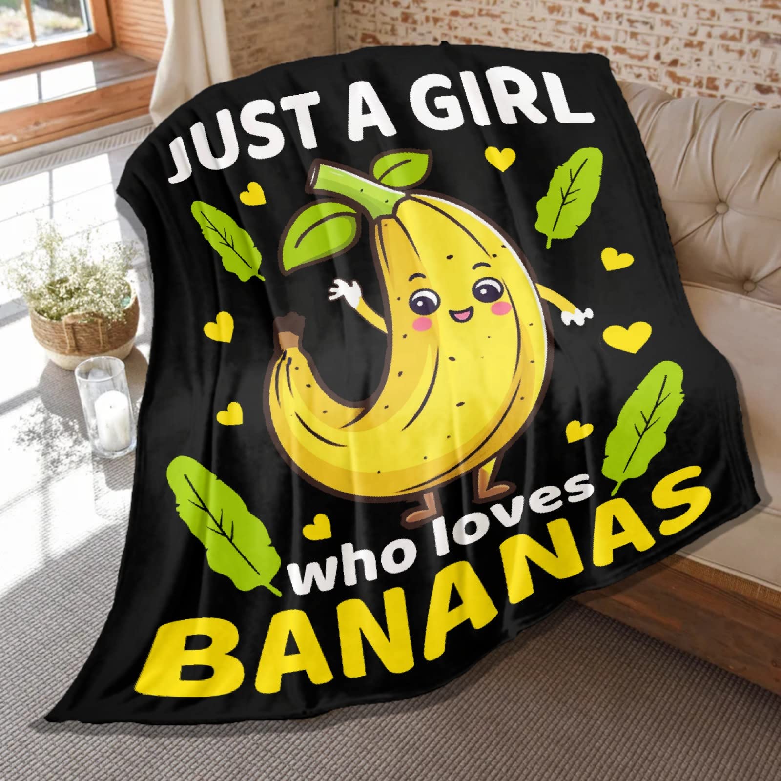 Cute Banana Throw Blanket Gifts for Girls Lover,Just Girl Who Loves Bananas Print Blankets,Soft Plush Flannel Quilt for Bed Sofa Couch Room Decoration 50 x 40in for Kids