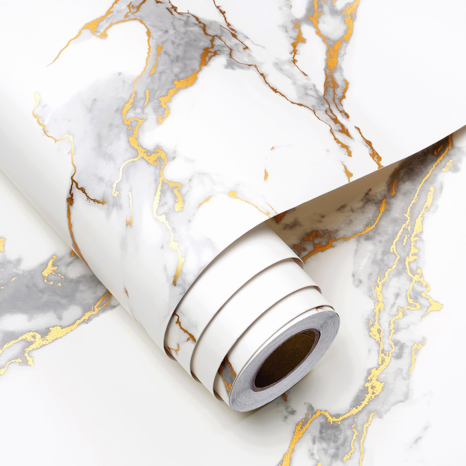 FunStick Thick White Marble Contact Paper for Countertops Cabinets Waterproof White Gold Marble Wallpaper Peel and Stick Countertops for Kitchen Removable Marble Wall Paper for Bathroom Desk 12"x200"