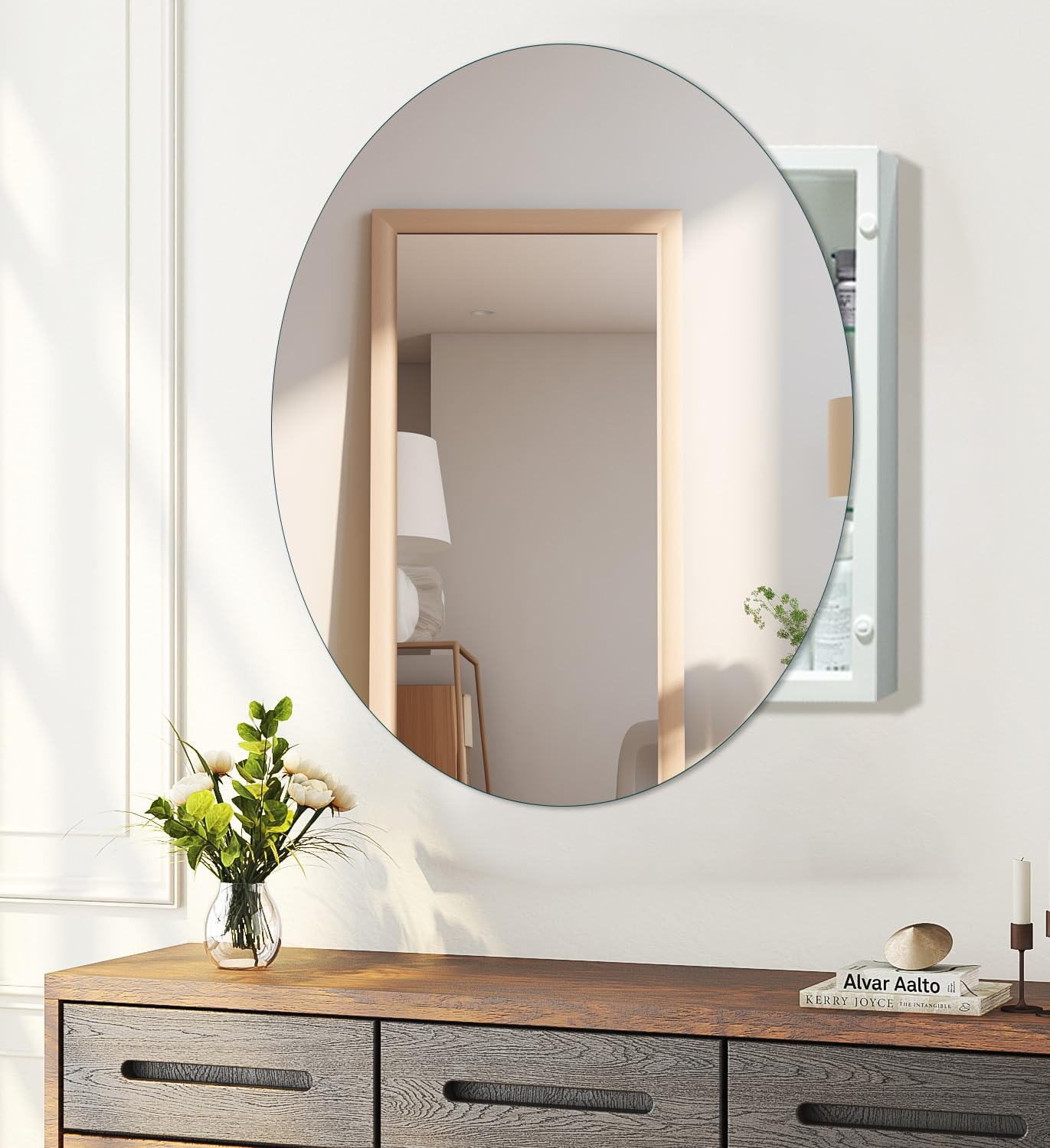 HESONTH Medicine Cabinet Round 28 Inch x 28 Inch Bathroom Cabinet Mirror, Circular Storage Cabinet Round Frameless Mirror Cabinet with Surface Mounted