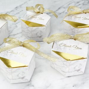 fcdecor 100pcs wedding favor boxes, marble gold party favor boxes bulk candy favors for guests, gift boxes with ribbons, perfect for wedding bridal shower baby shower birthday party decoration,