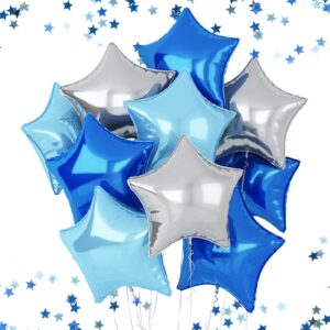 blue silver foil star balloons, 18 inches star foil balloons for helium, 10 pcs blue silver helium birthday balloons, party foil balloon set for graduation wedding birthday party decorations