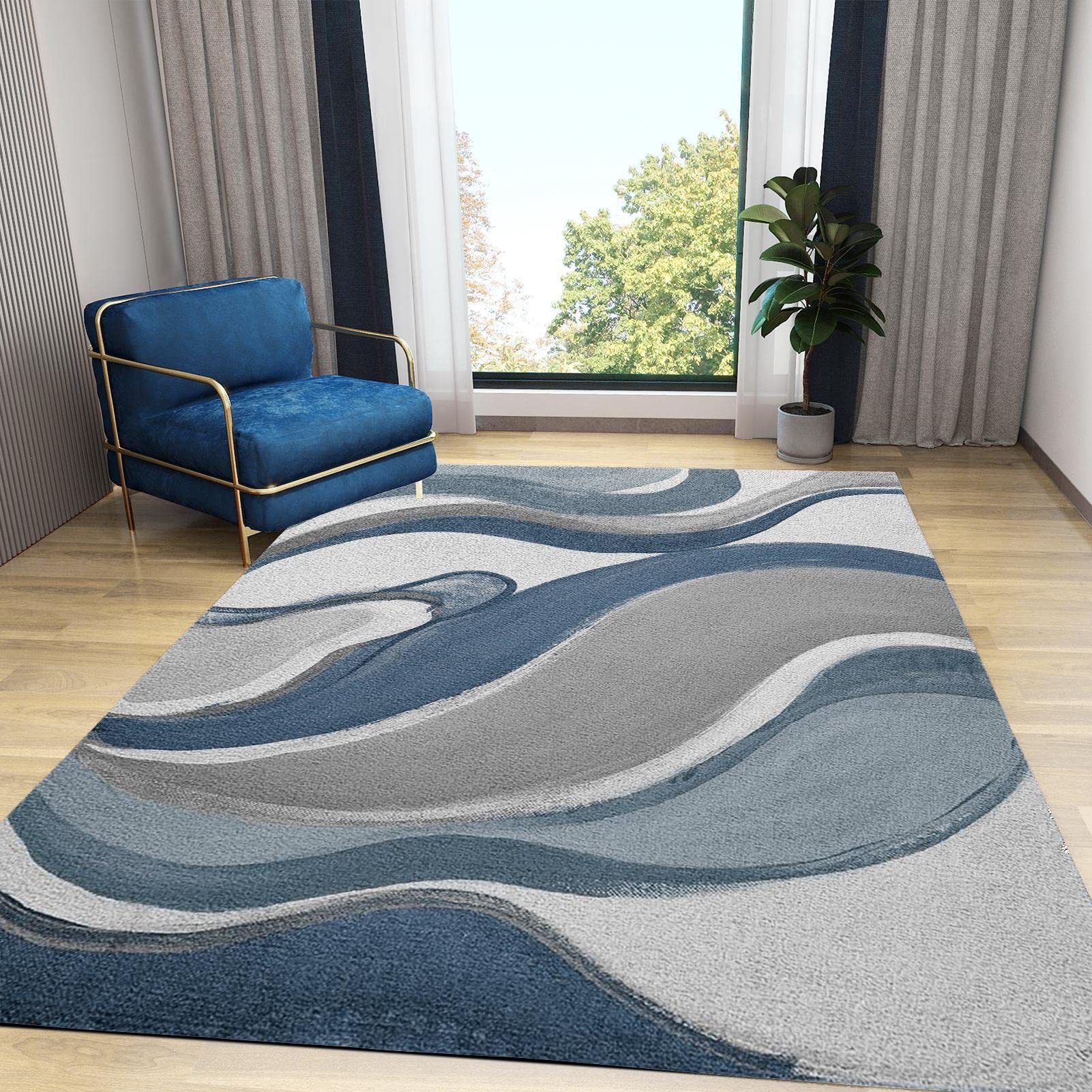 Blue Abstract Area Rug, Modern Geometry Area Carpet, Anti-Skid Rectangle Accent Rugs for Living Dinning Room Bedroom Kitchen Minimalist Home Floor Rugs 3x4ft