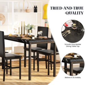 Recaceik Dining Table Set for 4, Kitchen Table and Chairs Set with Faux Marble Tabletop & 4 Leather Upholstered Chairs for Kitchen Dining Room, Compact Space, Dinette Set, Black+Black