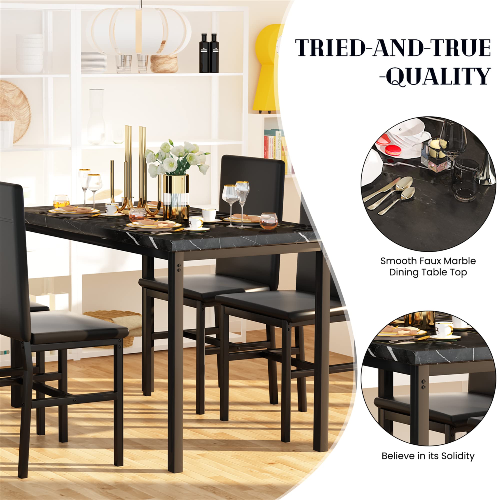 Recaceik Dining Table Set for 4, Kitchen Table and Chairs Set with Faux Marble Tabletop & 4 Leather Upholstered Chairs for Kitchen Dining Room, Compact Space, Dinette Set, Black+Black