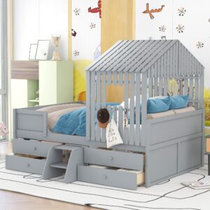 full size house bed for kids, full bed frame with 4 storage drawers, fences and roof, solid wooden low loft bed full platform bed frame for kids teens girls & boys (full, gray)