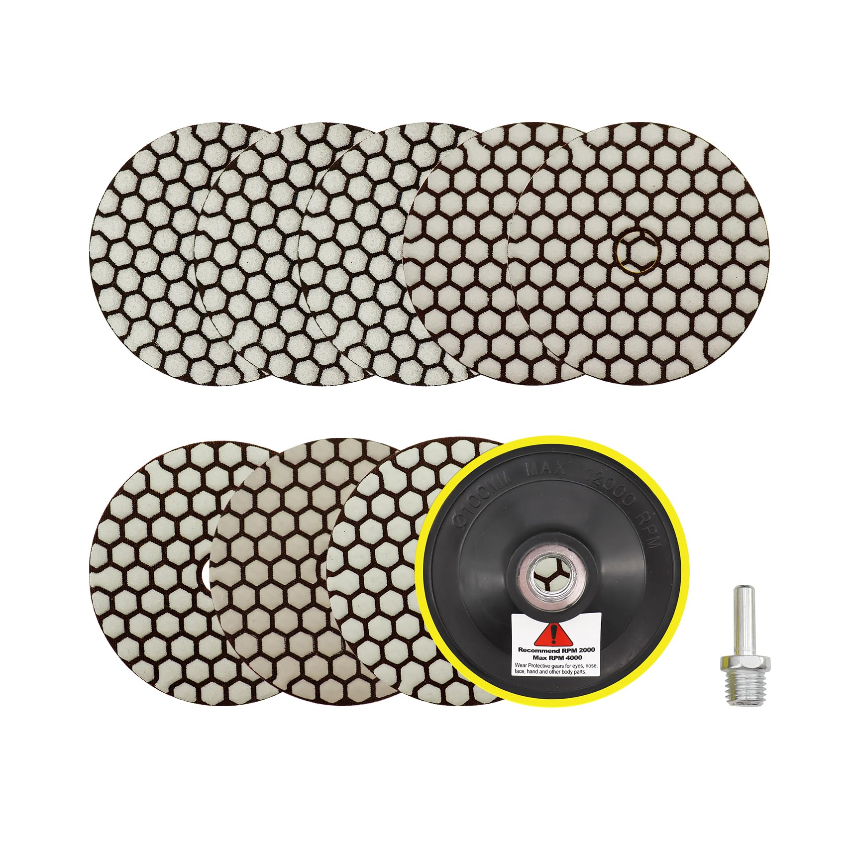 SANLEETEK Dry Diamond Polishing Pads 4"/100mm - 8pcs 50x3/100x2/200/400/800 Polish Pad Kit with 5/8"-11 Backer Pad+Adapter for Granite Marble Artificial Stone Quartz for Angle Grinder