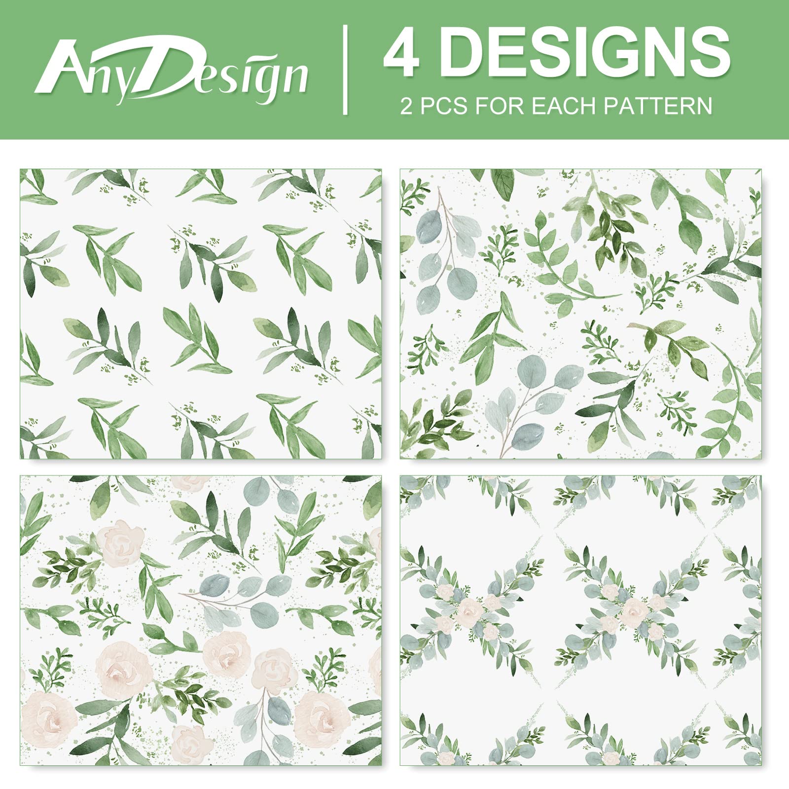 AnyDesign Greenery Wrapping Paper Watercolor Green Leaves Gift Wrap Bulk Eucalyptus Art for Wedding Baby Shower Bridal Spring DIY Crafts Packing, 8 Sheet, Folded Flat (A1767)