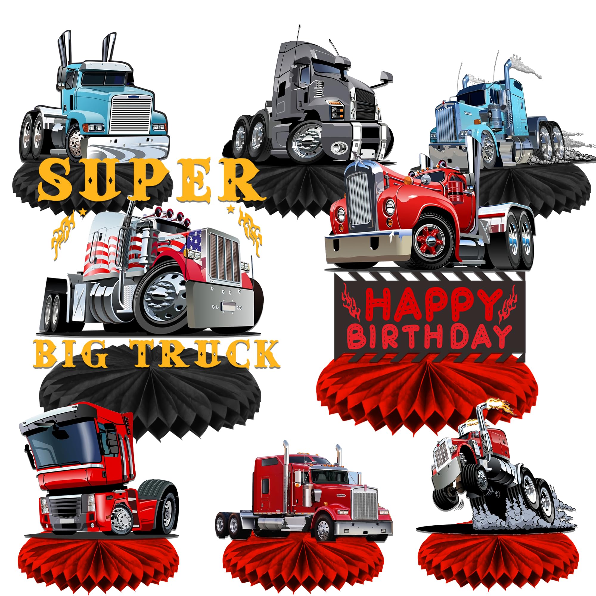 Heavy Trucks Semi Truck Happy Birthday Honeycomb Centerpieces Transportation Theme Decor for Men Boys 1st Birthday Party Supplies Baby Shower Decorations Photo Booth Props Favors