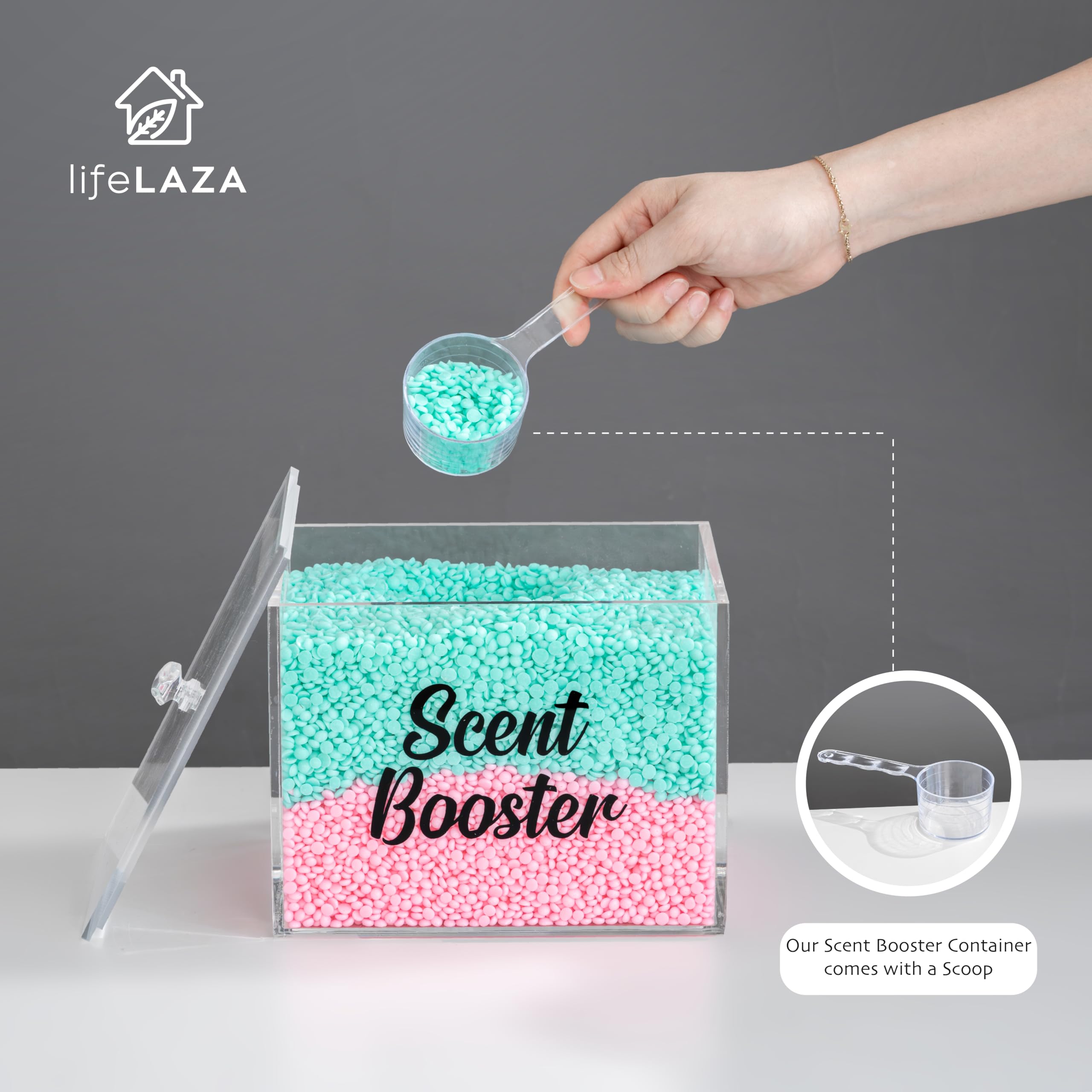 LifeLAZA Acrylic Scent Booster Container with Lid, Scent Beads Container For Laundry Beads, Laundry Dispenser Storage, Jar Box Organization Holder for Laundry Room Decor