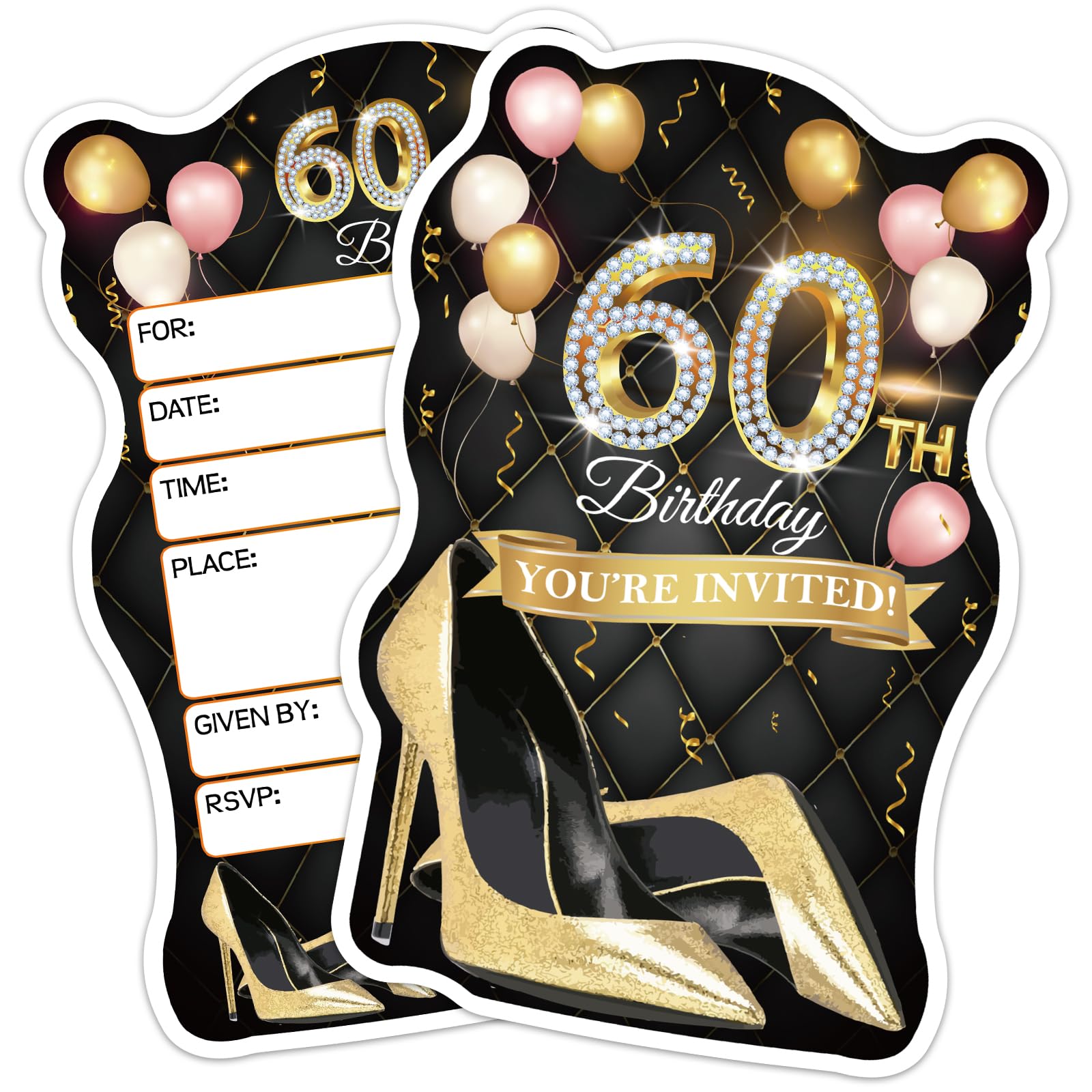 ERHACHAIJIA 20 PCS Pink Balloons & Black Golden High Heels Shaped Fill-In Invitations Cards With Envelopes, Funny 60th Birthday Party Happy 60 Year Old Birthday Invites For Women Lady Wife Mom Adults