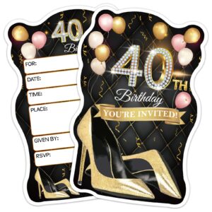 erhachaijia 20 pcs pink balloons & black golden high heels shaped fill-in invitations cards with envelopes, funny 40th birthday party happy 40 year old birthday invites for women lady wife mom adults