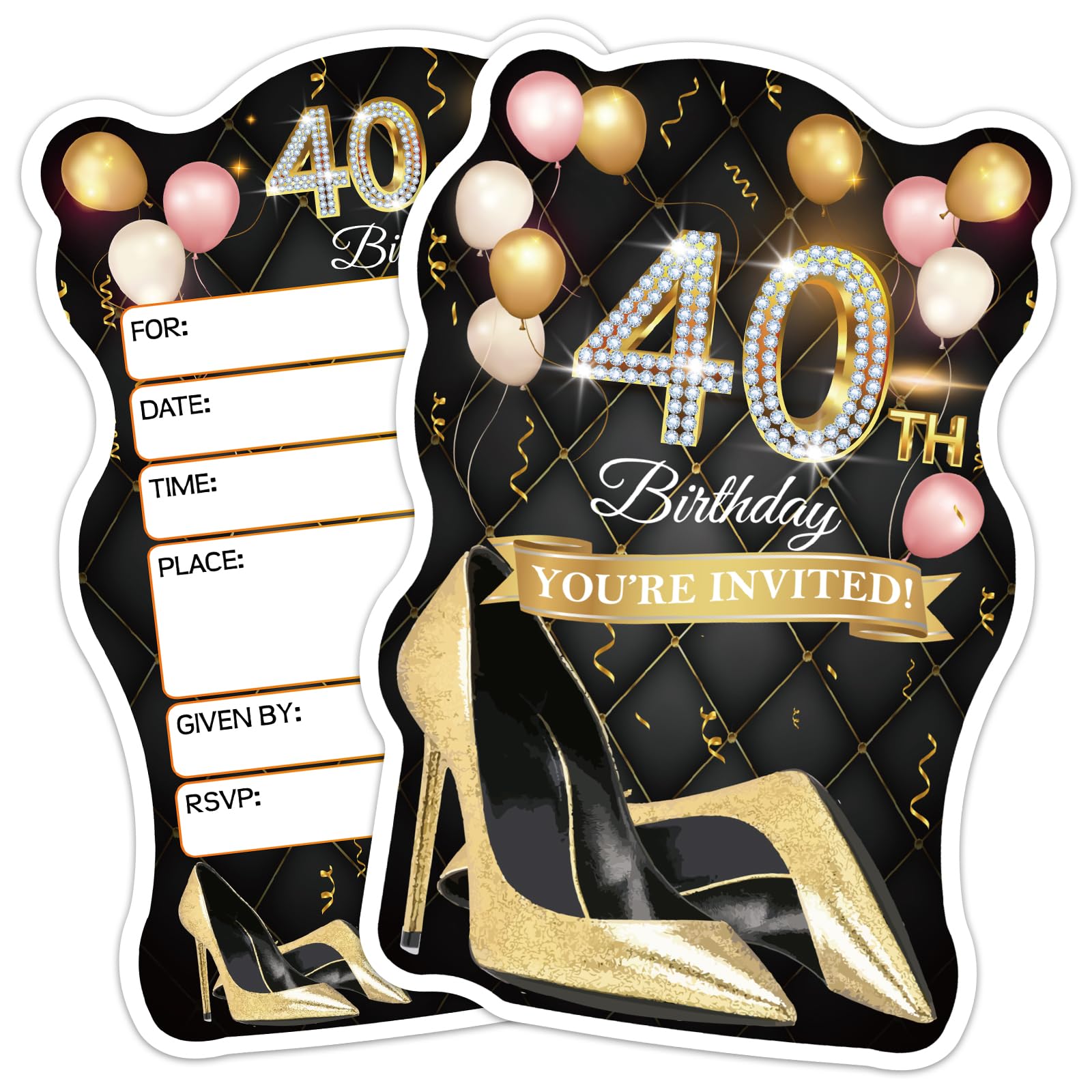 ERHACHAIJIA 20 PCS Pink Balloons & Black Golden High Heels Shaped Fill-In Invitations Cards With Envelopes, Funny 40th Birthday Party Happy 40 Year Old Birthday Invites For Women Lady Wife Mom Adults