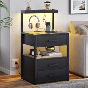 VIAGDO Led Nightstand with Charging Station, 3 Drawers Night Stands with Led Lights, Black Bedside Tables with Storage Shelves, Modern End Side Tables for Bedroom, Office