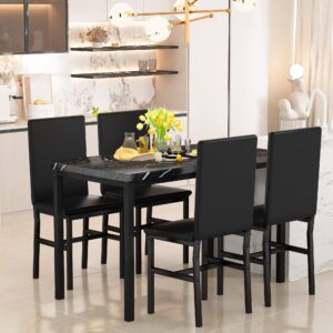 Recaceik Dining Table Set for 4, Kitchen Table and Chairs Set with Faux Marble Tabletop & 4 Leather Upholstered Chairs for Kitchen Dining Room, Compact Space, Dinette Set, Black+Black