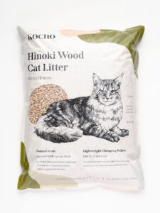 kocho hinoki wood cat litter, upcycled, ultra lightweight, natural aroma of hinoki japanese cypress, gentle clumping, dust-free