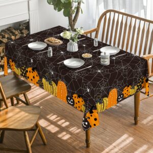 Horaldaily Halloween Tablecloth 60x84 Inch Rectangular, Jack-O-Lantern Pumpkin Cobweb Scary Themed Black Washable Table Cover for Party Picnic Dinner Decor