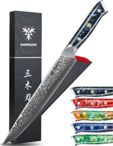 sanmuzuo carving knife - 9 inch slicing knife- xuan series - vg10 damascus steel kitchen meat cutting knife - resin handle (starry black)