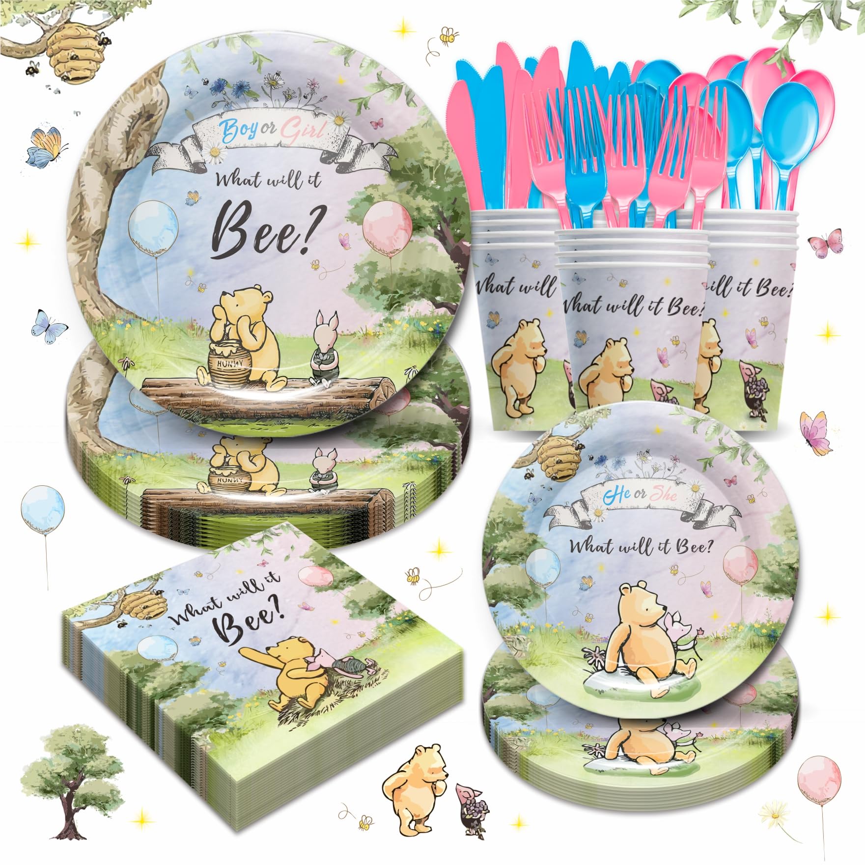 Piooluialy Winnie Bear Gender Reveal Party Supplies - Classic Winnie Pooh Party Supplies Include Plates, Cups, Napkins, Cutlery, Boy or Girl Winnie Baby Shower Decorations | Serves 24