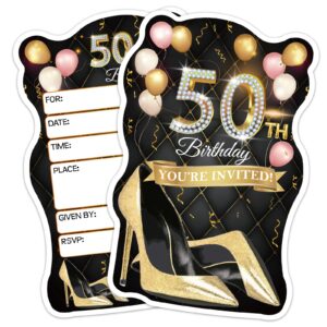 erhachaijia 20 pcs pink balloons & black golden high heels shaped fill-in invitations cards with envelopes, funny 50th birthday party happy 50 year old birthday invites for women lady wife mom adults