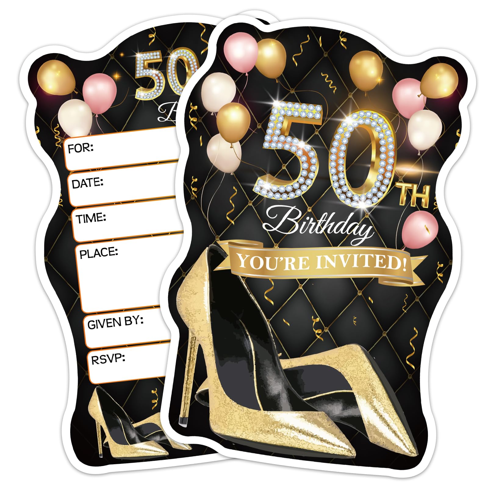 ERHACHAIJIA 20 PCS Pink Balloons & Black Golden High Heels Shaped Fill-In Invitations Cards With Envelopes, Funny 50th Birthday Party Happy 50 Year Old Birthday Invites For Women Lady Wife Mom Adults