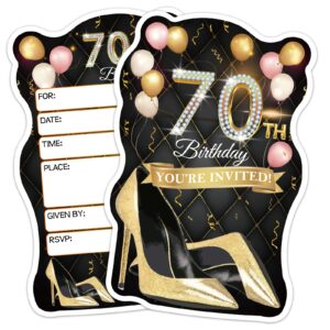 erhachaijia 20 pcs pink balloons & black golden high heels shaped fill-in invitations cards with envelopes, funny 70th birthday party happy 70 year old birthday invites for women lady wife mom adults