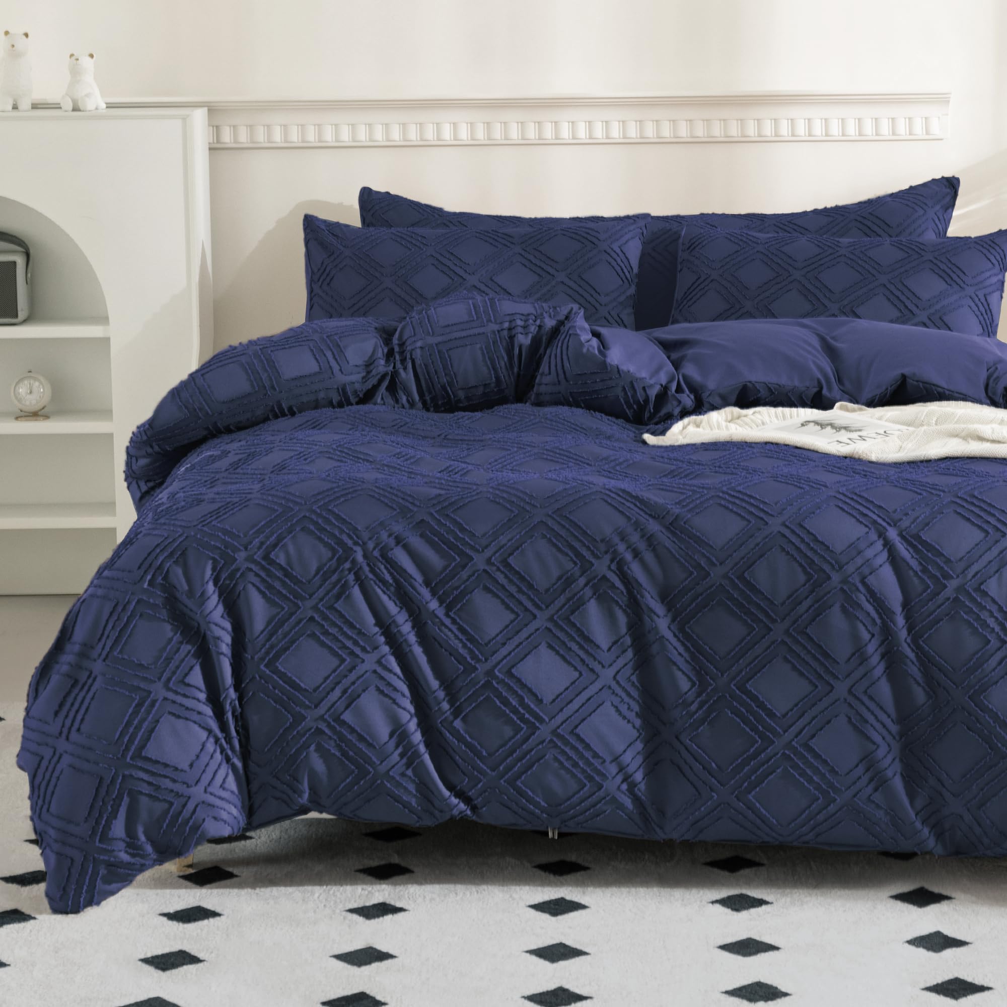 JELLYMONI Navy Blue Duvet Cover Queen Size - 3 PCS Microfiber Tufted Duvet Cover Set, Boho Textured Duvet Cover Jacquard Rhombus Geometric Pattern Duvet Cover with Corner Ties & Zipper Closure