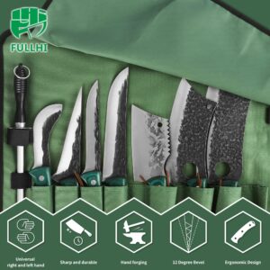 FULLHI Portable 14/15pcs Butcher knife set cleaver green woodhandle with bag Hand Forged chef knife Boning Knife High Carbon Steel viking knife set For Kitchen