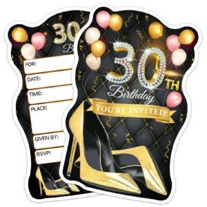 erhachaijia 20 pcs pink balloons & black golden high heels shaped fill-in invitations cards with envelopes, funny 30th birthday party happy 30 year old birthday invites for women lady wife mom adults