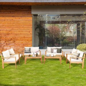 costway 8 pieces outdoor acacia wood sofa set, outdoor conversation sofa set with table & cushions porch chairs for garden, patio, deck