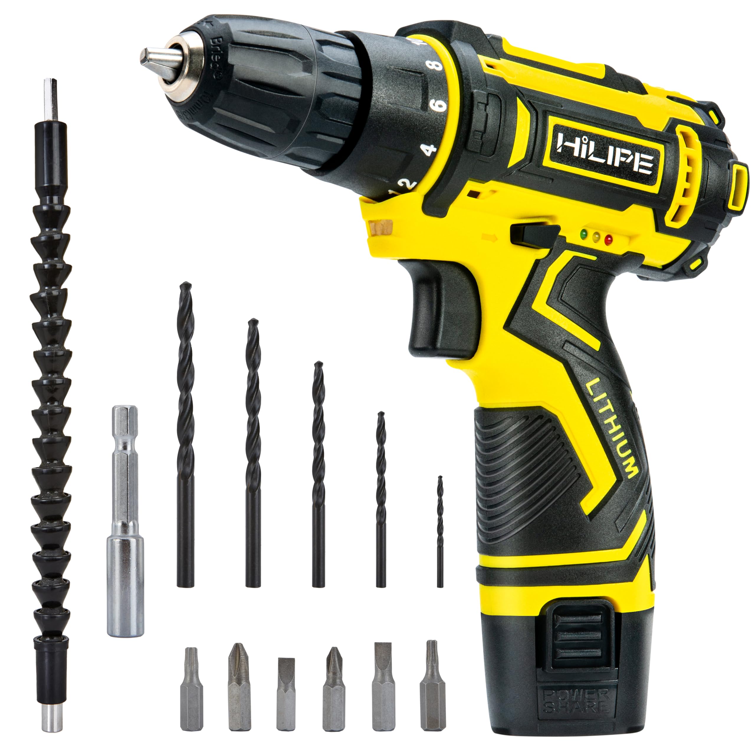 HILIPE Drill Set,12V Cordless Drill with Battery and Charger, Home Electric Power Drill Cordless, 3/8-Inch Keyless Chuck, 2 Variable Speed, 18+1 Position, LED Light and 15pcs Accessories