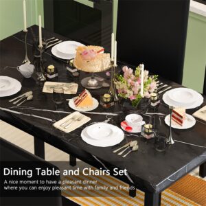 Recaceik Dining Table Set for 4, Kitchen Table and Chairs Set with Faux Marble Tabletop & 4 Leather Upholstered Chairs for Kitchen Dining Room, Compact Space, Dinette Set, Black+Black