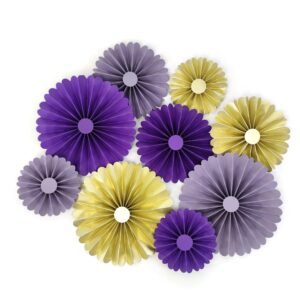 mybbshower paper flower for wedding fan photo backdrop bridal shower birthday party decorations pack of 9 (purple gold party)