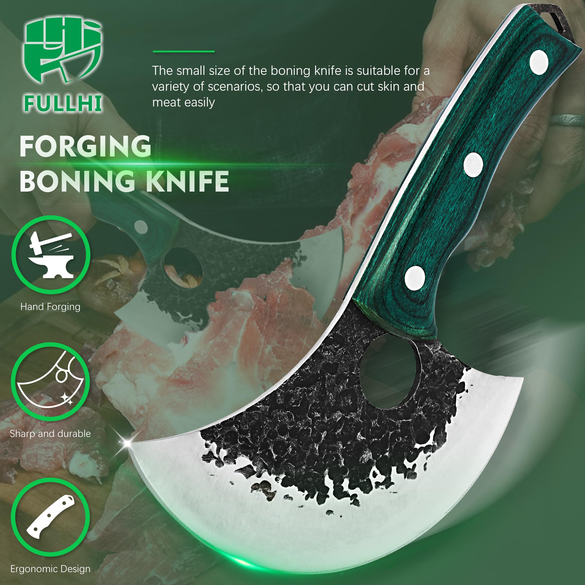 FULLHI Portable 14/15pcs Butcher knife set cleaver green woodhandle with bag Hand Forged chef knife Boning Knife High Carbon Steel viking knife set For Kitchen