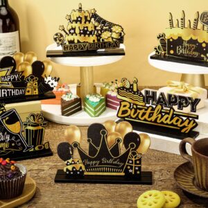 Leinuosen 6 Pieces Black Happy Birthday Table Centerpiece Wooden Sign Table Topper Birthday Decoration Booth Props Party Supplies, 6 Designs(Gold)