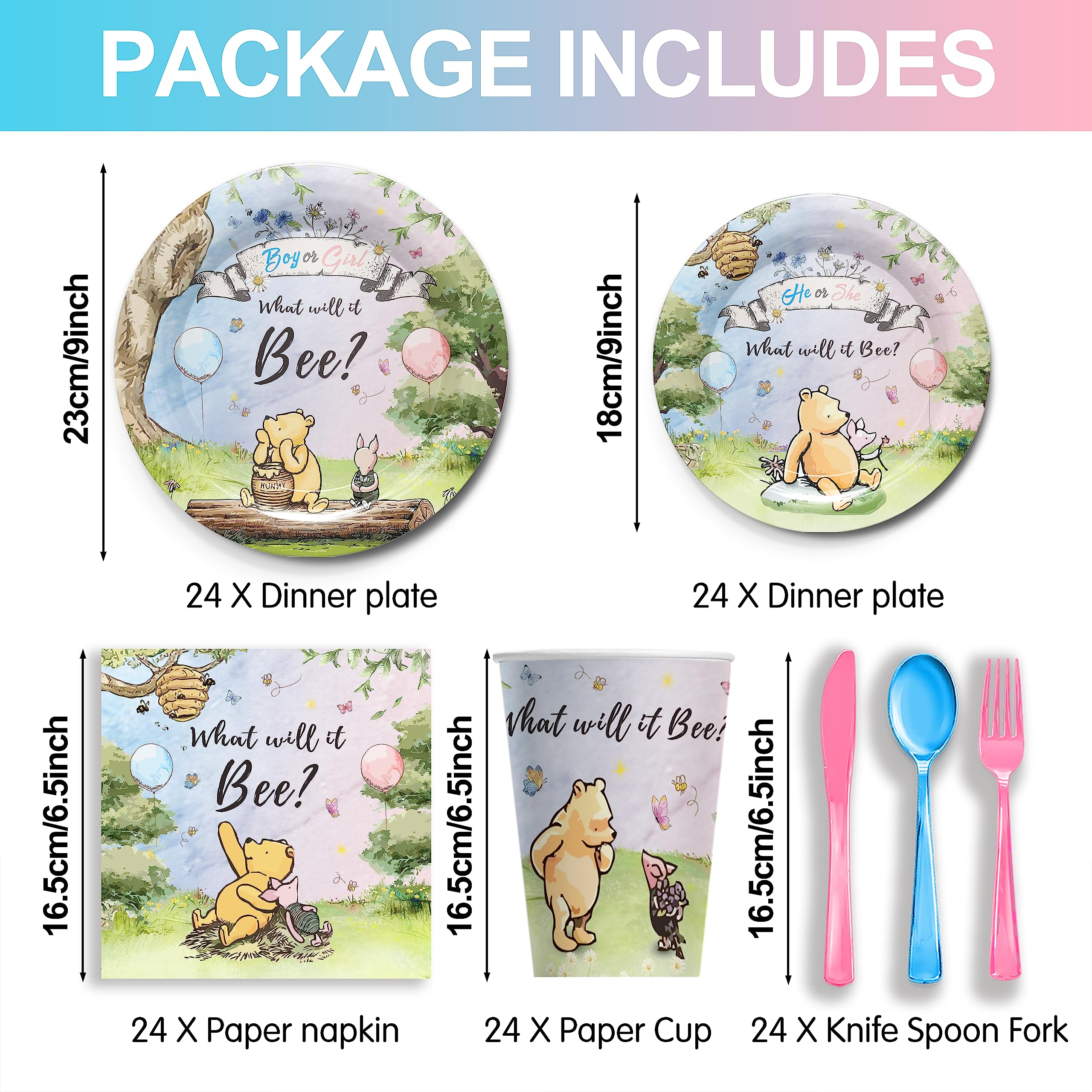 Piooluialy Winnie Bear Gender Reveal Party Supplies - Classic Winnie Pooh Party Supplies Include Plates, Cups, Napkins, Cutlery, Boy or Girl Winnie Baby Shower Decorations | Serves 24