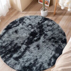 concus-t dark grey round area rugs fluffy circle rug shag round rugs for bedroom living room non-slip faux fur plush area rug kids teen exquisite room decor, tie-dye dark grey, 4x4 feet