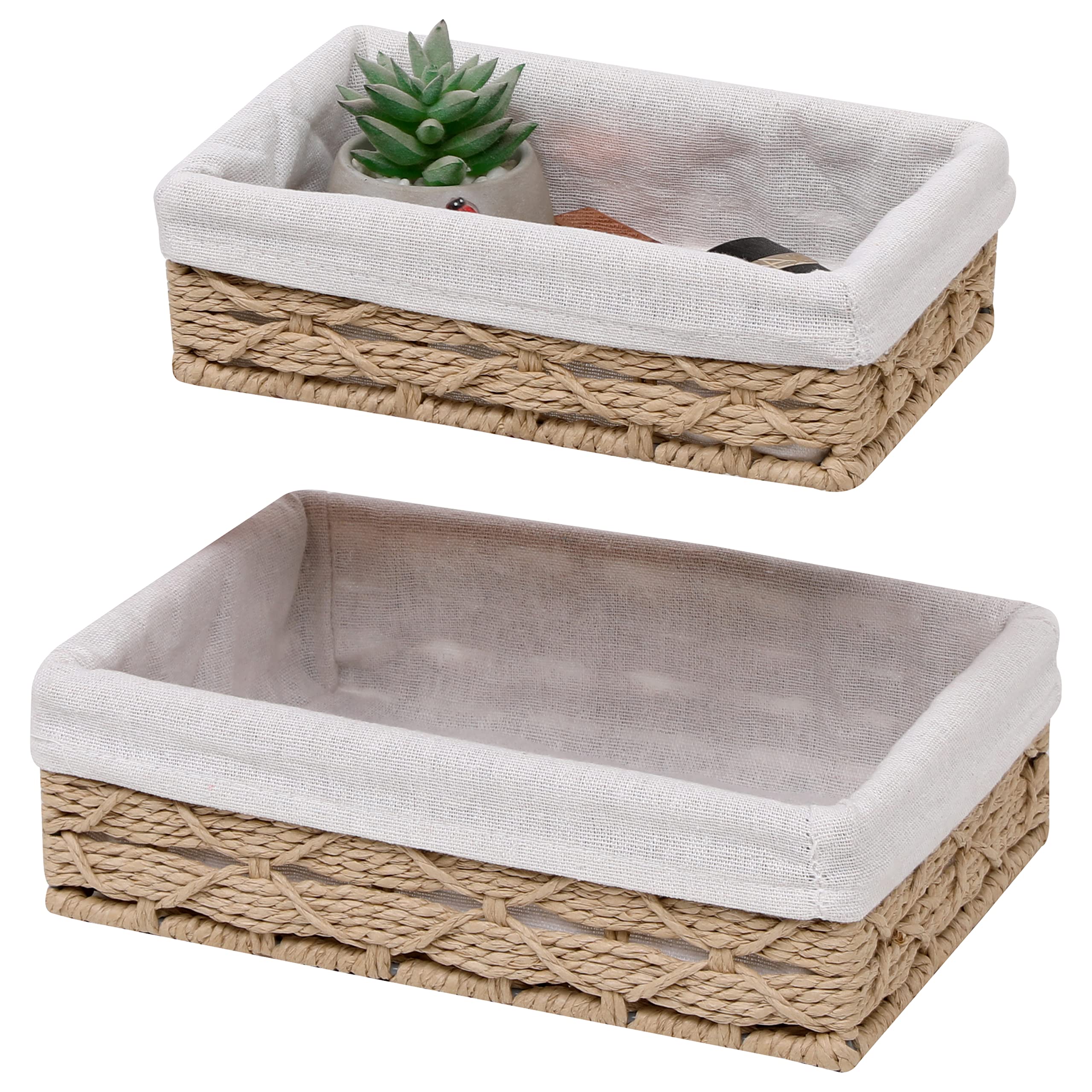 Sopsele Small Wicker Baskets for Organizing,Paper Rope Storage Basket，Desk Basket With Liner,Hand Towel Baskets, Baskets for Drawer Organizing, Toilet Tank Basket, Set of 2 Beige