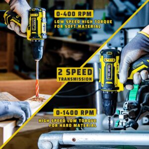 HILIPE Drill Set,12V Cordless Drill with Battery and Charger, Home Electric Power Drill Cordless, 3/8-Inch Keyless Chuck, 2 Variable Speed, 18+1 Position, LED Light and 15pcs Accessories