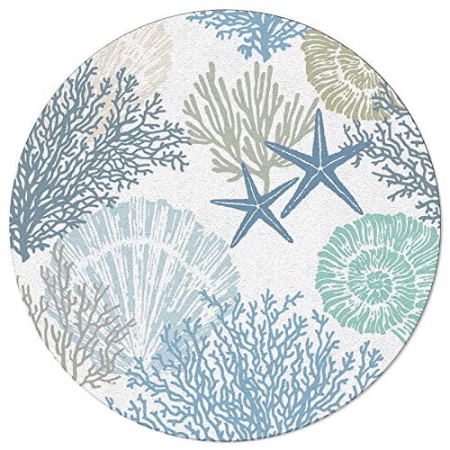 Round Area Rug 4ft Nautical Coastal Ocean Coral Rug Soft Sofa Nursery Carpet Floor Mat Non Slip Area Rugs for Indoors/Outdoor Living Room Bedroom Dining Room Home Decor Beach Themed Blue Teal Rug