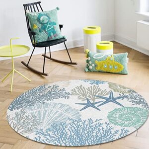 Round Area Rug 4ft Nautical Coastal Ocean Coral Rug Soft Sofa Nursery Carpet Floor Mat Non Slip Area Rugs for Indoors/Outdoor Living Room Bedroom Dining Room Home Decor Beach Themed Blue Teal Rug