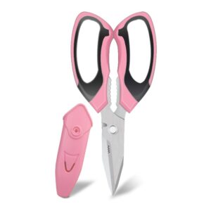 ftecybo scissors heavy duty 8'', carpet scissors, multipurpose scissors with protective cover, stainless steel serrated blades, easy cutting cardboard, leather, fabric, wires（pink）