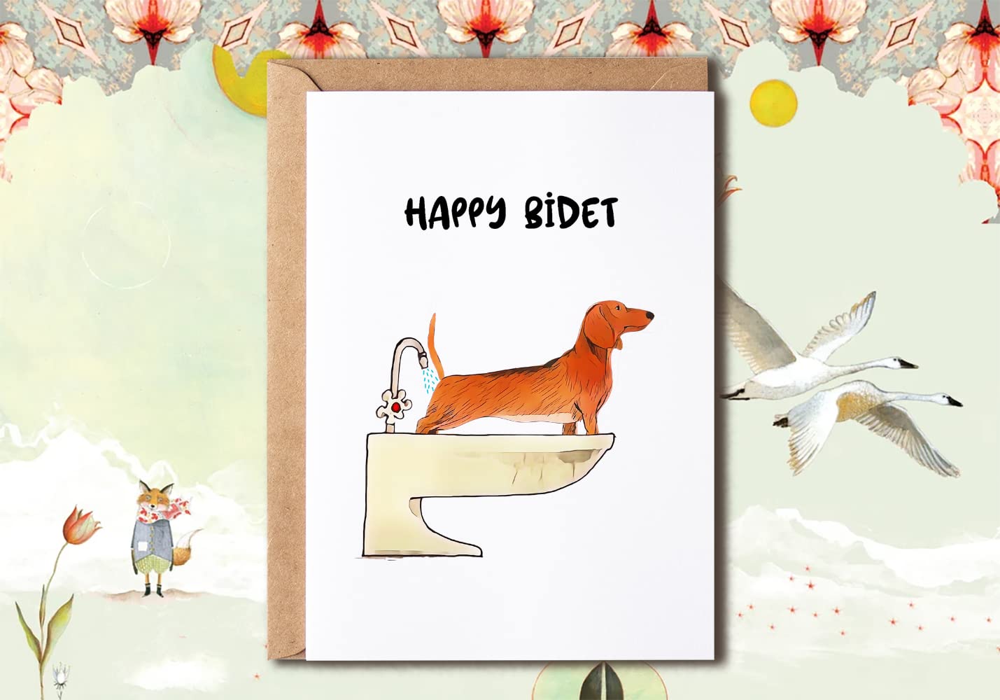 NTVShop Happy Bidet Card - Funny Birthday Card - Toilet Pun - Sausage Dog - Funny Dog - Dog Birthday Card - Funny Dachshund Card