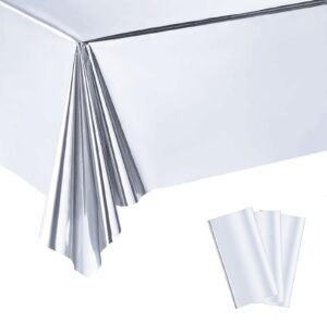 maitianguyou party rectangular table covers table cloth,54x108 inch foil waterproof tablecloth for graduation wedding birthday baby shower anniversary party decorations (3pcs, silver)