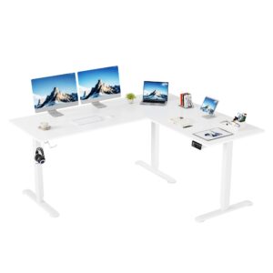 shahoo l-shaped corner standing desk, electric height adjustable table, home office workstation, 63 x 55 inch, white