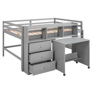 Wood Full Size Low Loft Bed with Rolling Portable Desk and Drawers,Shelves and Safety GuardRails,for Kids Boys Girls Teens Adults Bedroom (Gray@f, Full)