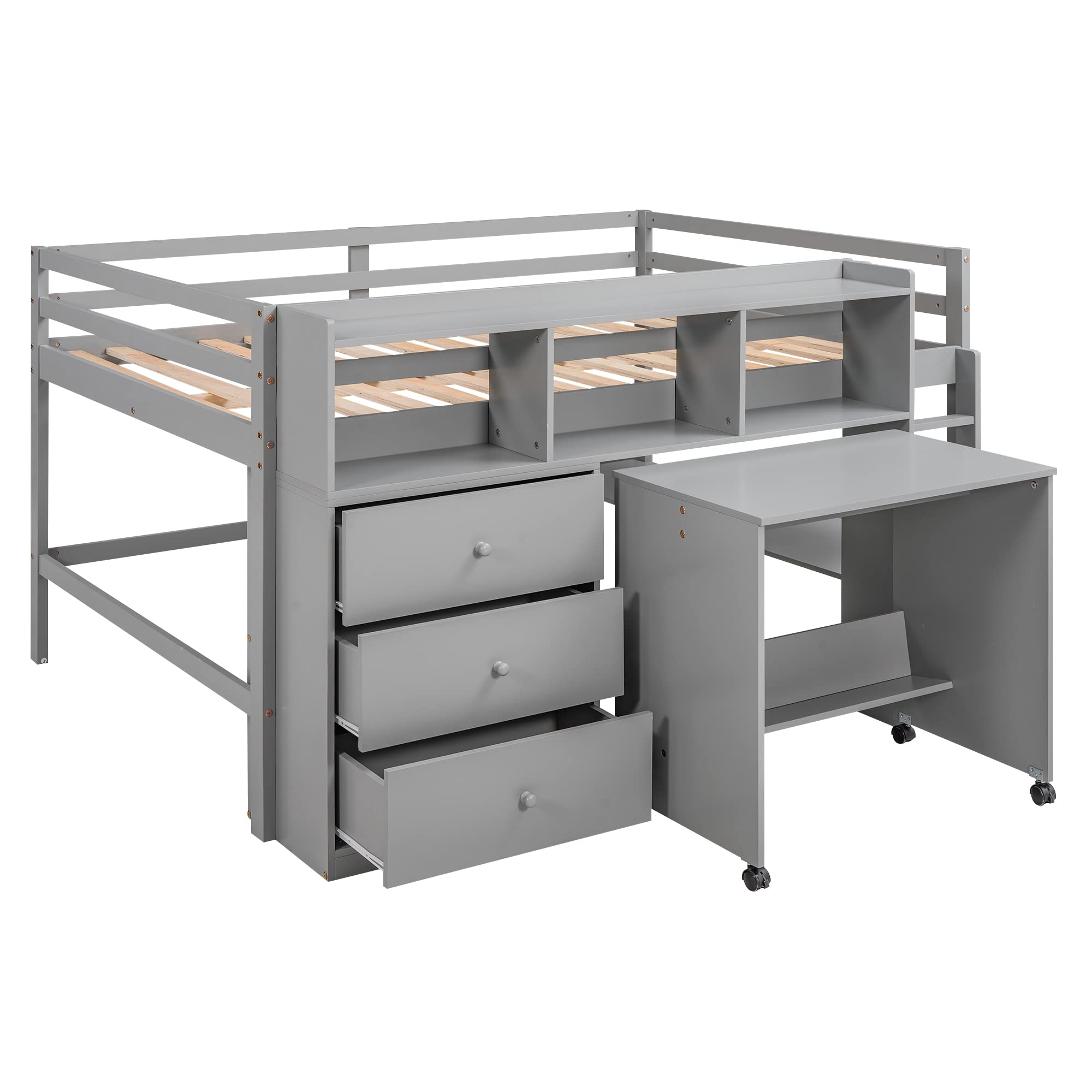 Wood Full Size Low Loft Bed with Rolling Portable Desk and Drawers,Shelves and Safety GuardRails,for Kids Boys Girls Teens Adults Bedroom (Gray@f, Full)